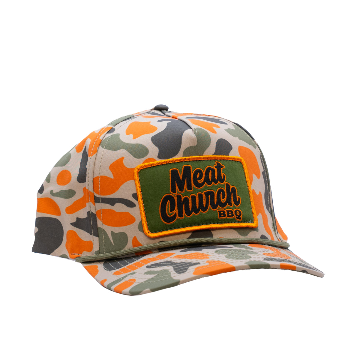 "Meat Church Duck Camo Patch Hat - Adjustable Snapback & Blaze Camo Design"
